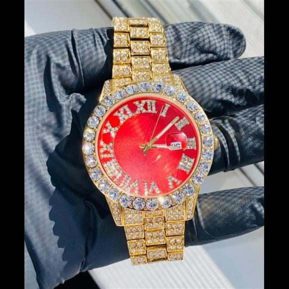 Accessories | Mens Custom Fully Ice Out Bling Red Dial Iced Round Icy ...